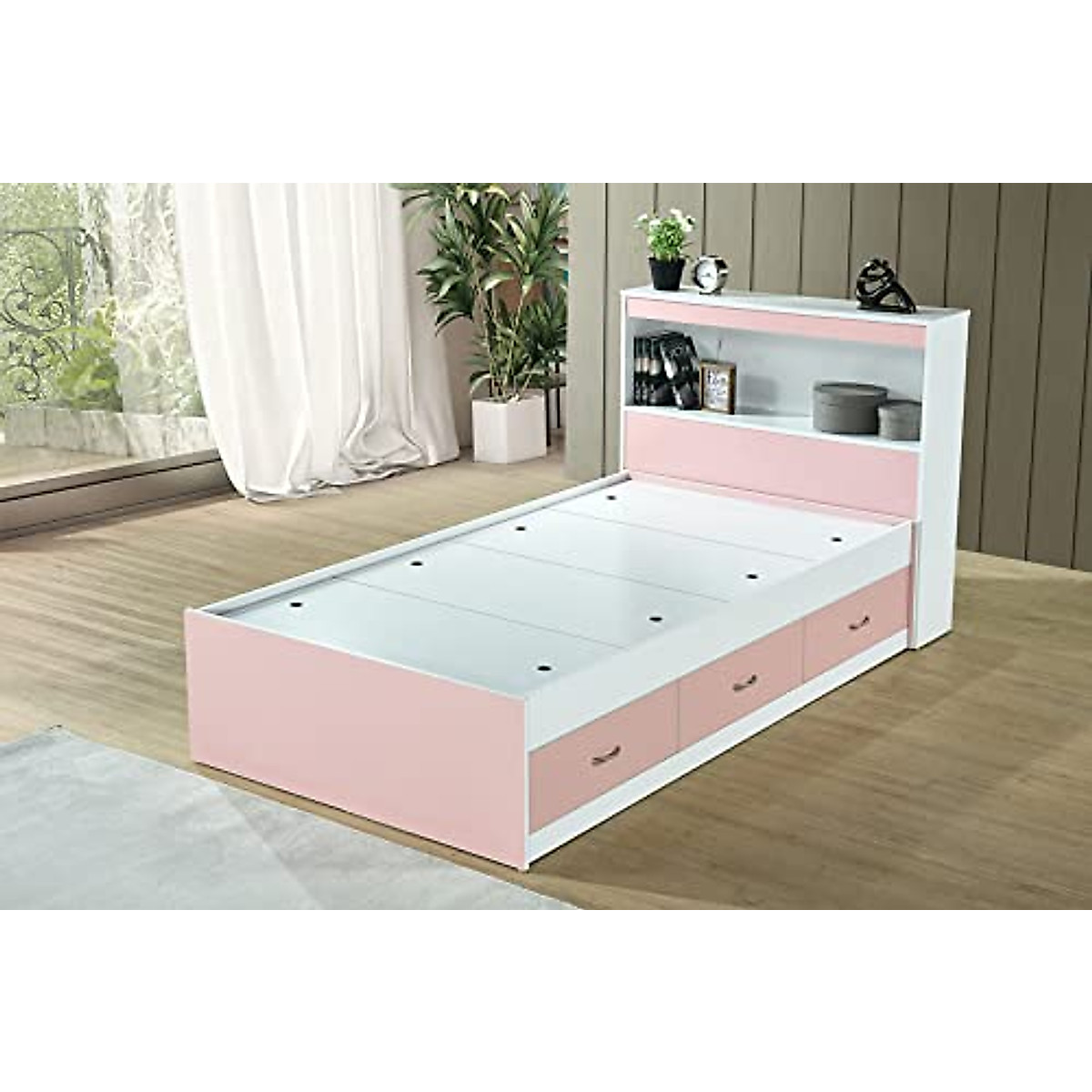 Hodedah Twin-Size Captain Bed with 3-Drawers and Headboard in Pink