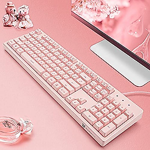 LIOURFE Keyboard with 7 Color LED Backlit, 104 Keys Quiet Wired Computer Keyboard for Office, Mechanical Feeling Gaming Keyboard for Windows Laptop PC Mac (Pink)