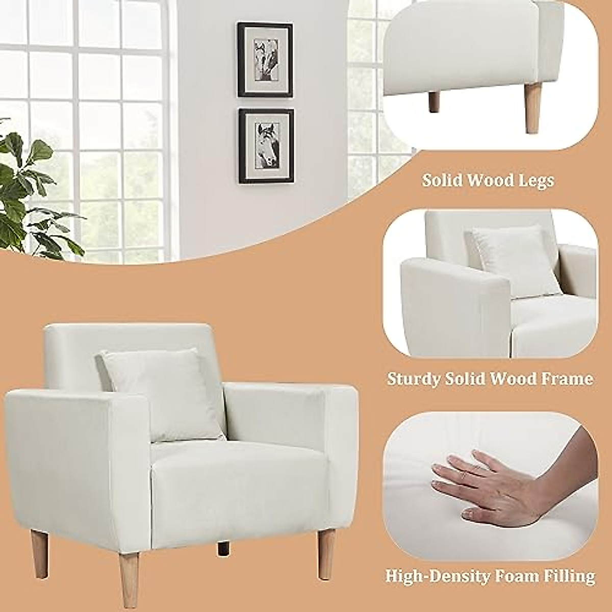FREEHOMAE Polyester Accent Chair for Living Room, Square Arm Chair with Toss Pillow Comfy Single Sofa Club Chair for Small Space