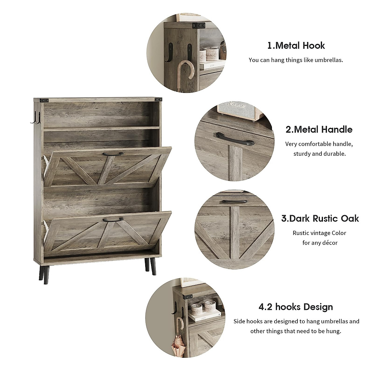 Vabches Shoe Storage Cabinet with 2 Flip Drawers,Shoe Cabinet with Open Storage,Entryway Shoe Storage with Barn Door Design,Slim Shoe Organizer Cabinet for Entrance/Hallway,Grey