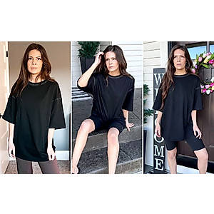 FSHAOES Women's Oversized T Shirts Casual Loose Half Sleeve Drop Shoulder Tees Summer Round Neck Cotton Tunic Tops Black