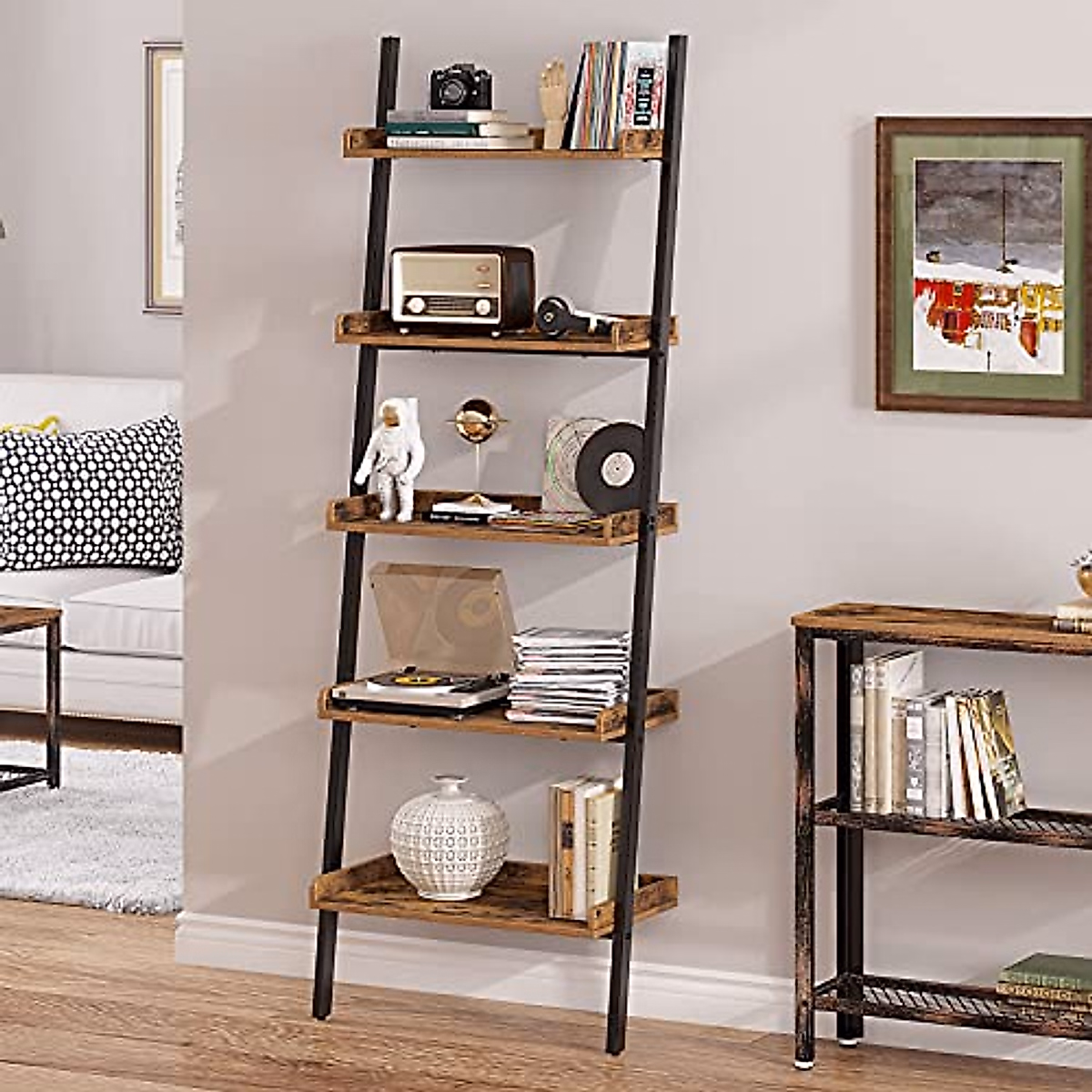 Rolanstar Bookshelf 5-Tier, Open Wall Mount Ladder Bookshelf, 72.8’’H Industrial Etagere Bookcase, Freestanding Bathroom Storage Rack Plant Stand for Living Room, Bedroom, Office, Rustic Brown