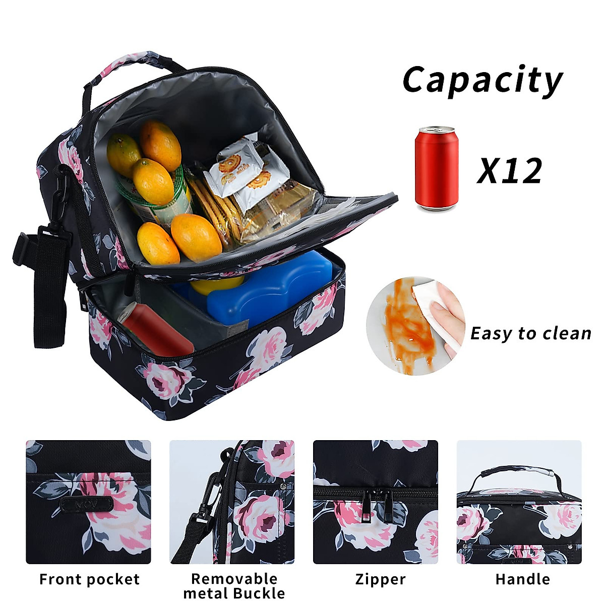 MOV COMPRA Movcompra Lunch Bag Women Flower Insulated Lunch Box for Work Double Deck Lunch Bag for Women
