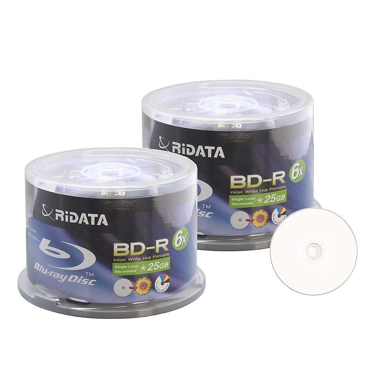 100 Pack Ridata 6X BD-R BDR 25GB Single Layer Blue Blu-ray White Inkjet Hub Printable Recordable Blank Media Disc with Spindle Packing