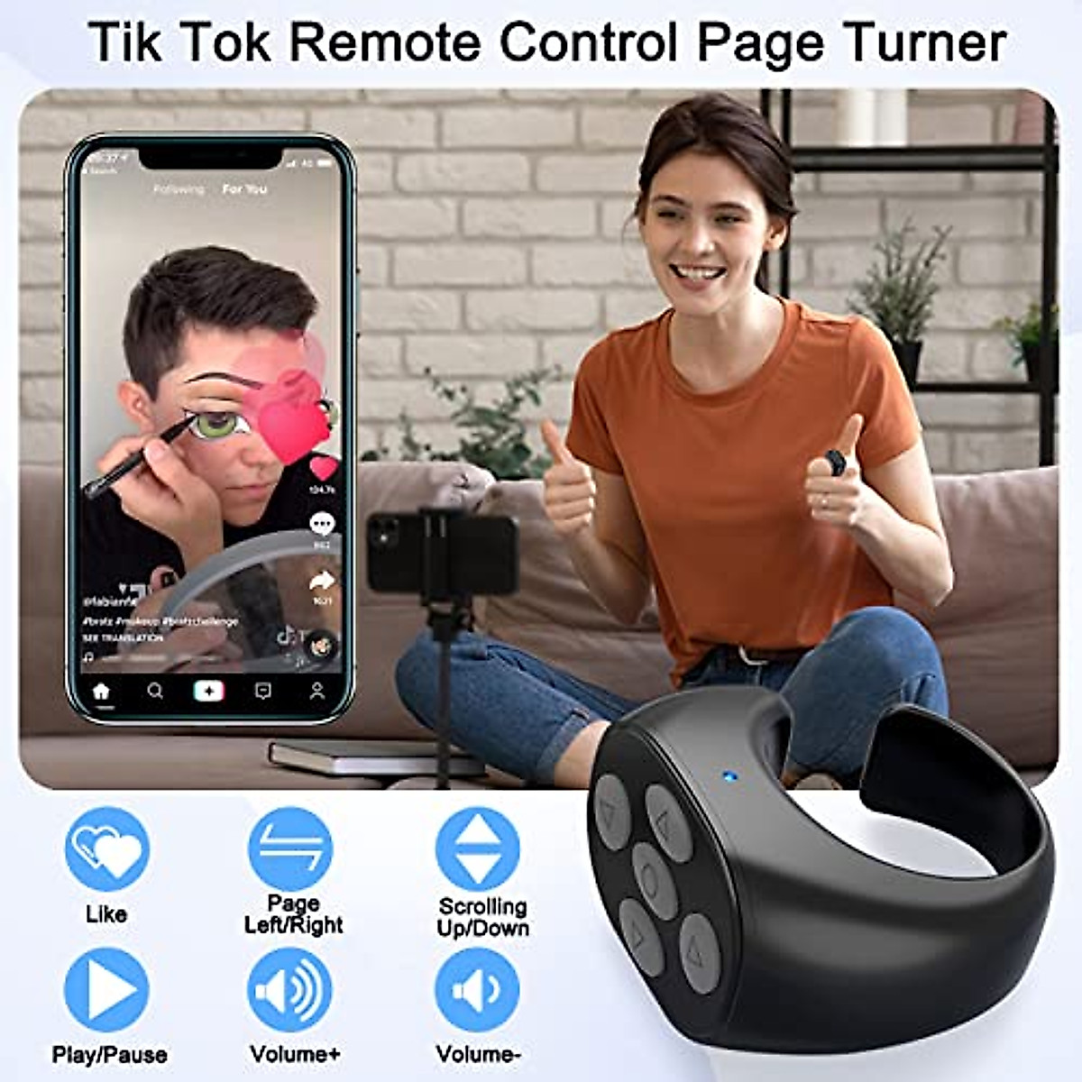 Bluetooths Remote Control Scrolling Ring for Tiktok Page Turner, Wireless Camera Shutter Selfie Button for iPhone Android iPad Cell Phone Remote Clicker Kindle App, Simulate Mouse Operation - Black