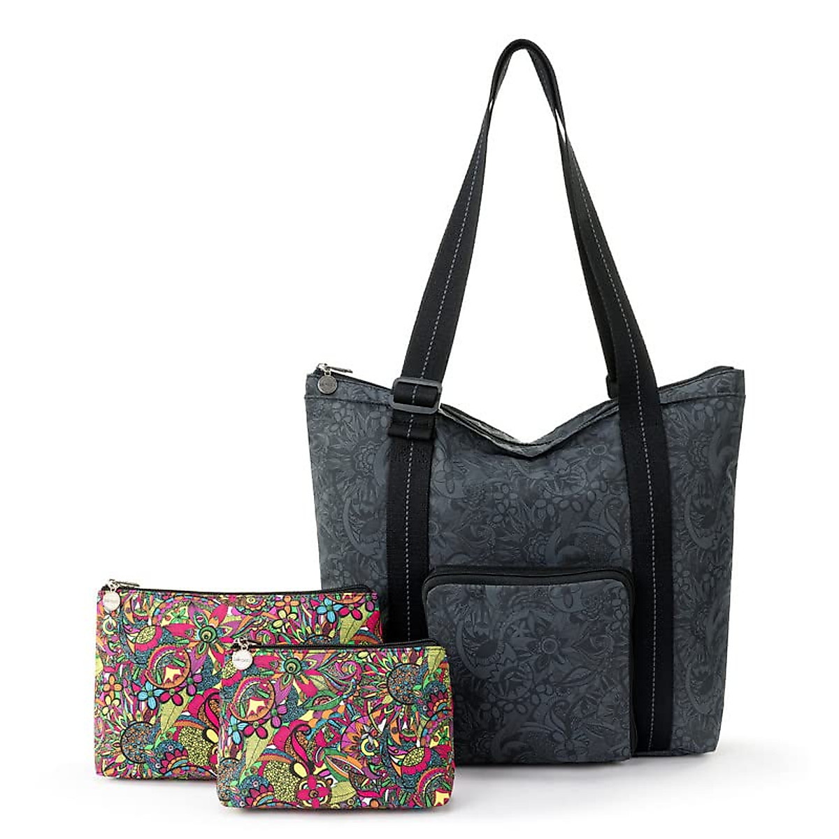 Sakroots On the Go 4 Piece Travel Bundle, Includes 21" Rolling Suitcase, Packable Large Tote, Medium & Small Pouches, Black Spirit Desert