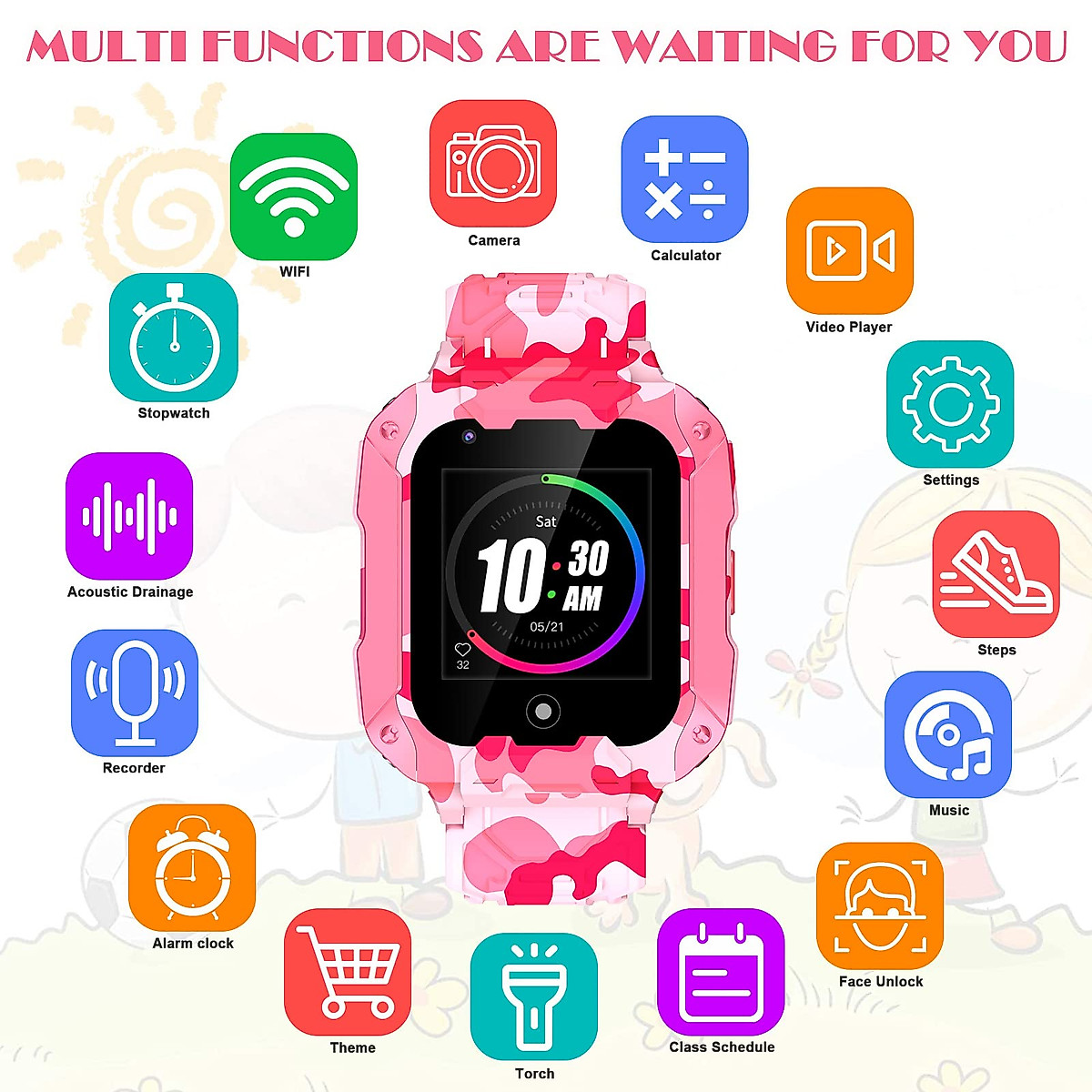 cjc Kids Smart Watches Girls for Age 3-15,GPS Tracker for Kids with Voice Chat,3 Way-Calling,Camera Smart GPS Watches with SIM Slot for Toddler New Year Gift(Pink Camouflage)