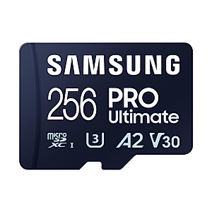SAMSUNG PRO Ultimate microSD Memory Card + Adapter, 256GB microSDXC, Up to 200 MB/s, 4K UHD, UHS-I, Class 10, U3,V30, A2 for GoPRO Action Cam, DJI Drone, Gaming, Phones, Tablets, MB-MY256SA/AM