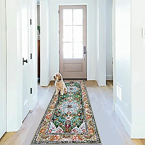 U'Artlines Boho Hallway Runner Rug 2' x 6' Vintage Farmhouse Laundry Rug Runner Accent Area Rug Carpet Non Slip Washable Kitchen Rug Entryway Runner Mat Throw Rug for Living Room (Green)