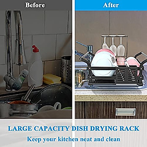 farexon Dish Drying Rack, Large Dish Rack with Drainboard for Kitchen Counter, Sturdy Stainless Dish Drainer with Adjustable Swivel Spout, Removable Wine Glass Holder & Utensil Holder, Black