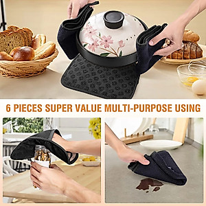 Oven Mitts and Pot Holders Set: 500℉ Heat Resistant Oven Gloves with Ovenmitts Hotpads and Kitchen Towels - Extra Long Kitchen Mittens and Potholders with Non-Slip Silicone Surface Safe for Cooking