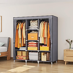 ZVZHM Portable Closet, 53 Inch Wardrobe Closet for Hanging Clothes with 2 Hanging Rods, 8 Storage Organizer Shelves, Non-Woven Fabric, Quick and Easy to Assembly, Grey