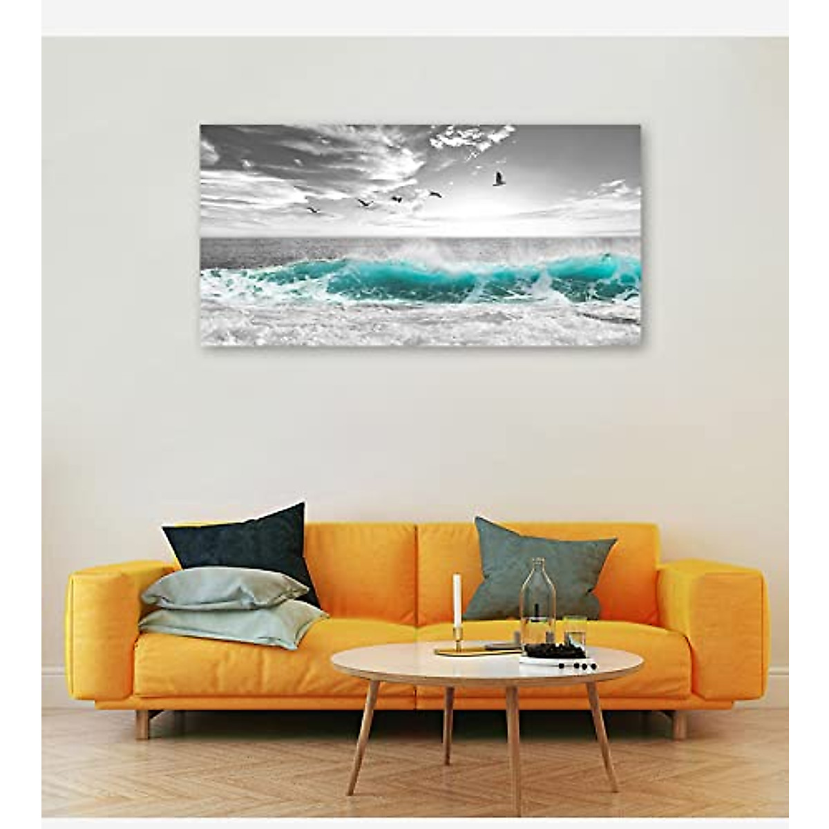 Large Ocean Waves Canvas Wall Art for Living Room Wall Decor Teal Blue Sea Beach Wave Wall Art Prints Artwork Sea Birds Canvas Pictures for Bedroom Home Office Wall Decorations Ready to Hang 30" X 60"