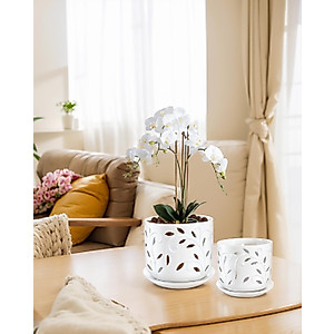 BUYMAX Set of 2 Orchid Pots with Holes & Saucers for Orchid Root Health, 5 inch&6 inch Ceramic Pots for Plants, Effective Drainage and Ventilation to Assist New Plants or Repotting