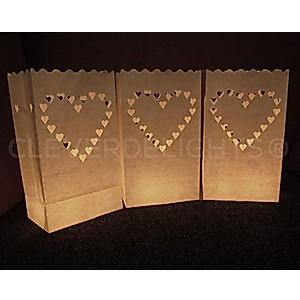 CleverDelights White Luminary Bags - 30 Count - Big Heart Design - Flame Resistant Paper - Wedding, Reception, Party and Event Decor - Luminaria Candle Bag