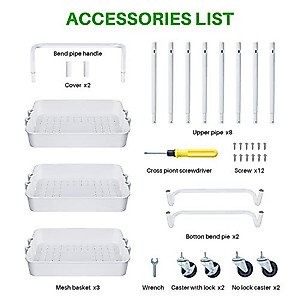 HOUSE DAY 3-Tier Rolling Utility Cart Storage Organization Shelves with Handle and Lockable Wheels Multifunction Storage Trolley Service Cart Easy Assembly for Kitchen, Bathroom, Office (White)