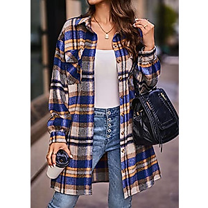 BTFBM Women's Corduroy Shacket Jacket Shirts Lapel Long Sleeve Oversized 2023 Fall Winter Button Down Shirt Dress Pocket(Plaid Royal Blue, X-Large)