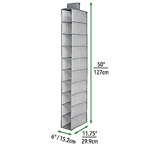 mDesign Soft Fabric Closet Organizer - Holds Shoes, Handbags, Clutches, Accessories - 10 Shelf Over Rod Hanging Storage Unit - Textured Print - 2 Pack - Gray