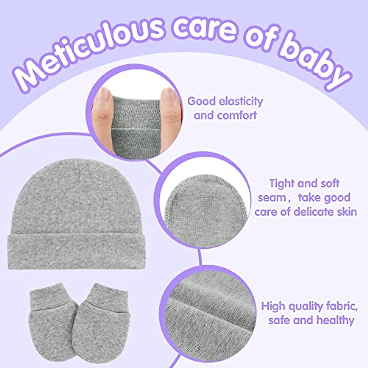 Zando Baby Hats and Mittens Unisex Infant Beanie Caps Newborn Hospital Hat with Scratch Mitten Set 4 Pack 6