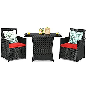 FEER 3PCS Patio Rattan Furniture Set Cushioned Sofa Armrest Garden Deck Red Suitable for Patio, Porch, Garden and Balcony, Etc