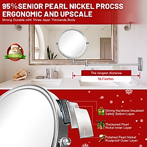 MIRRORMORE 8” Large Wall Mounted Makeup Mirror, Two-Sided 1X/10X Magnifying Mirror Extendable Long Arm, 360°Swivel Flexible HD Shower Mirror Fogless for Shaving, Fully Senior Nickel Bathroom Mirror