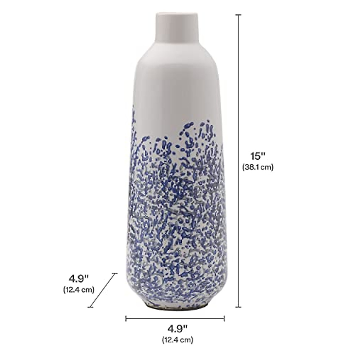 Scott Living Blue and White Ceramic Vase, for Use with Faux or Dried Flowers, 4.92x4.92x14.96 Inch