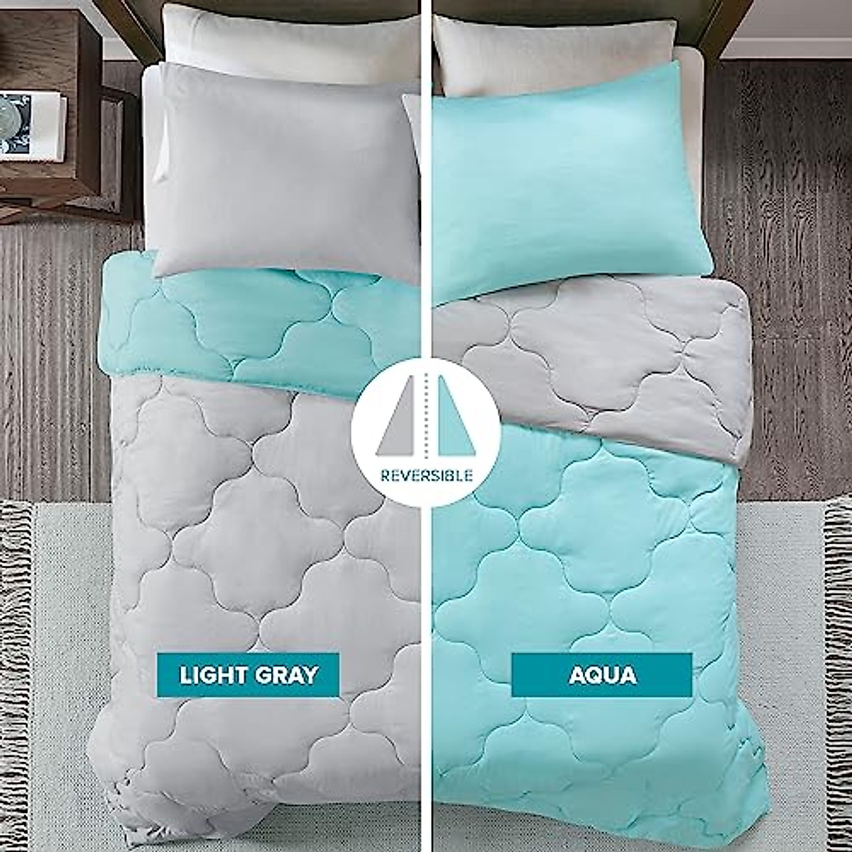 Comfort Spaces Vixie Reversible Comforter Set - Trendy Casual Geometric Quilted Cover, All Season Down Alternative Cozy Bedding, Matching Sham, Aqua/Gray, Twin/Twin XL 2 piece
