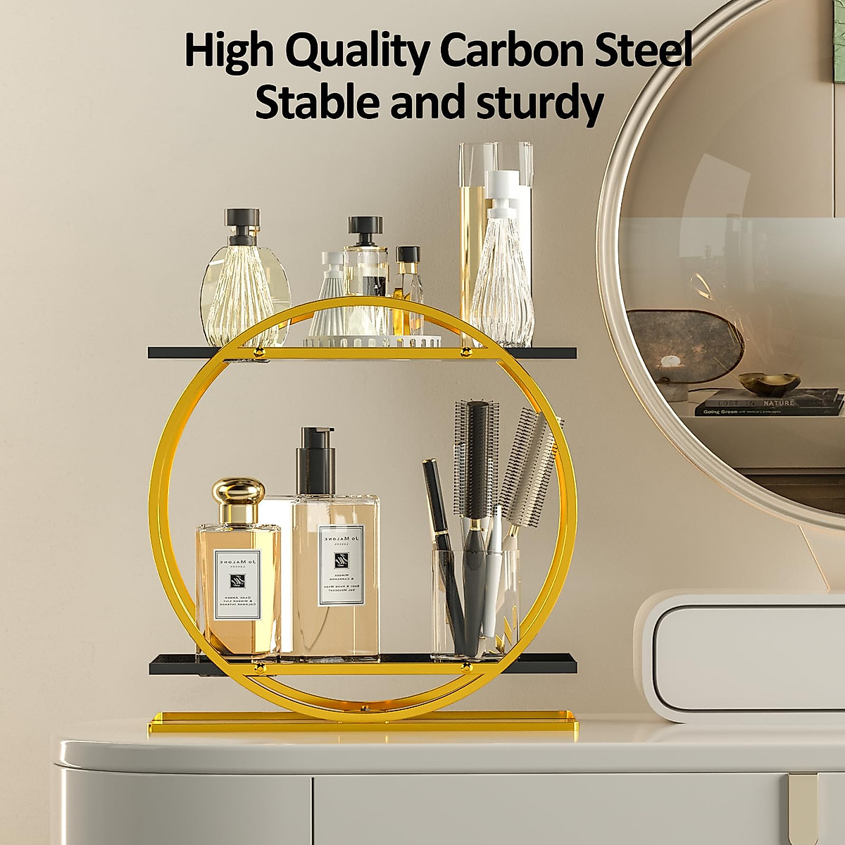 2 Tier Perfume Organizer for Dresser, Black Gold Perfume Organizer Makeup Perfume Stand Organizer for Vanity, Cosmetics Ideal Gift for Perfume Lovers - Gold