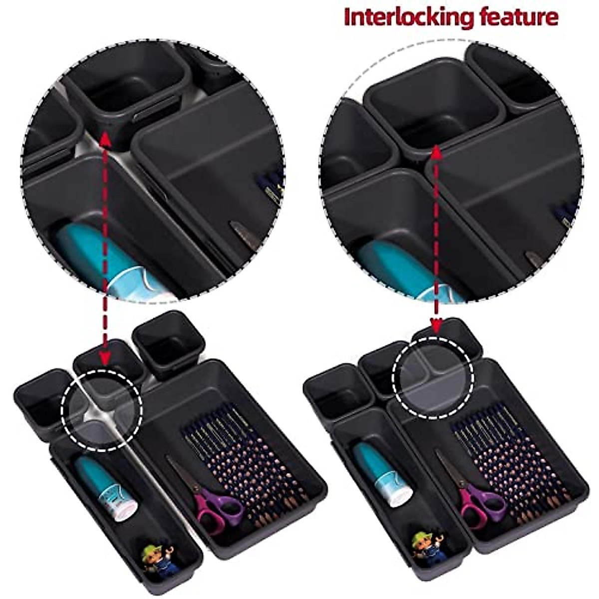 Albeads 16 Pack Interlocking Drawer Organizer Tray - Customizable Multi Purpose Storage Tray for Office，Bathroom，Kitchen,Makeup- Durable Desk Drawer Organizer (Dark Gray)