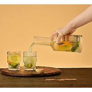 ALINK Glass Bedside Water Carafe with Lid and Glass Cups Set, Ribbed Carafe Glassware Drinking Glasses for Nightstand, 27oz Vintage Fluted Glassware Water Pitcher - Clear