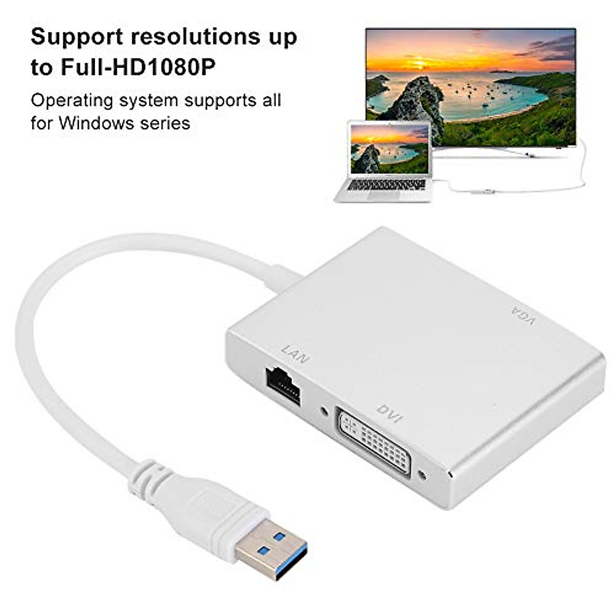 Cuifati 4 in 1 USB 3.0 Hub, FullHD 1080P USB 3.0 Adapter Hub,4 in 1 USB3.0 Adapter to VGA DVI HDMI LAN RJ45,Ultra Slim Portable USB Splitter Notebook PC, Laptop, USB Flash Drives