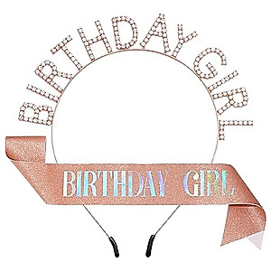Pistha Birthday Crowns for Women, Rose Gold Birthday Girl Sash & Birthday Tiara for Women Girls Set, Happy Birthday Girl Headband Sweet Gifts for Women, Birthday Party Accessories