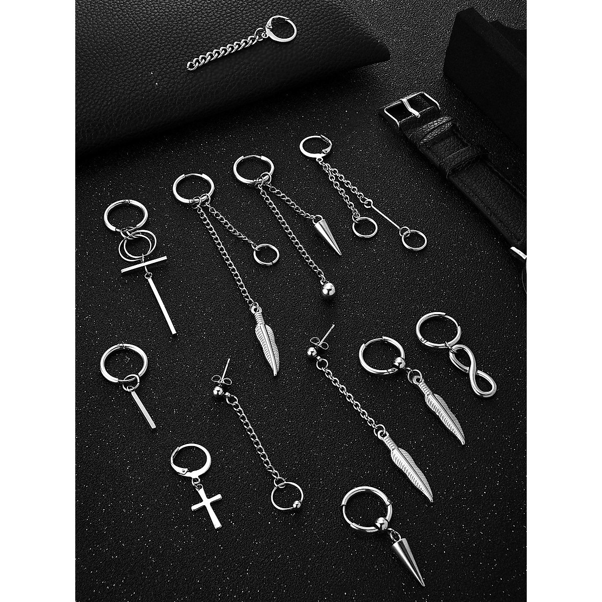 12 Pieces Hoop Dangle Earrings for Men Stainless Steel Hanging Pendant Hinged Hoop Earrings Long Chain Cross Huggie Earrings Fashion Piercing Jewelry Gift for Unisex Men Women (Silver)