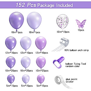 152 PCS Purple Balloons Arch Kit，Lavender Lilac Balloon Purple Metal Balloon and Confetti Balloon 12pcs Piece Butterfly Sticker for Birthday Baby Shower Bridal Shower Wedding Party Decoration
