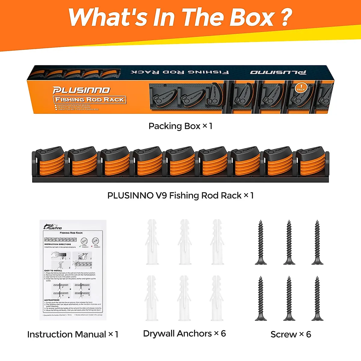 PLUSINNO V9 Vertical Fishing Rod Holders, Wall Mounted Fishing Pole Holders, Fishing Rod Rack Holds Up to 9 Rods or Combos, Fishing Rod Holders for Garage, Fits Most Rods of Diameter 3-19mm