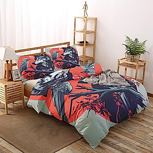 AopGlyvyr Wolf Duvet Cover Full Size, Crow Raven Comforter Cover, Wild Animal Bedding Set, Breathable Duvet Cover with Zipper Closure, 3 Pieces, 1 Soft Duvet Cover & 2 Pillow Shams