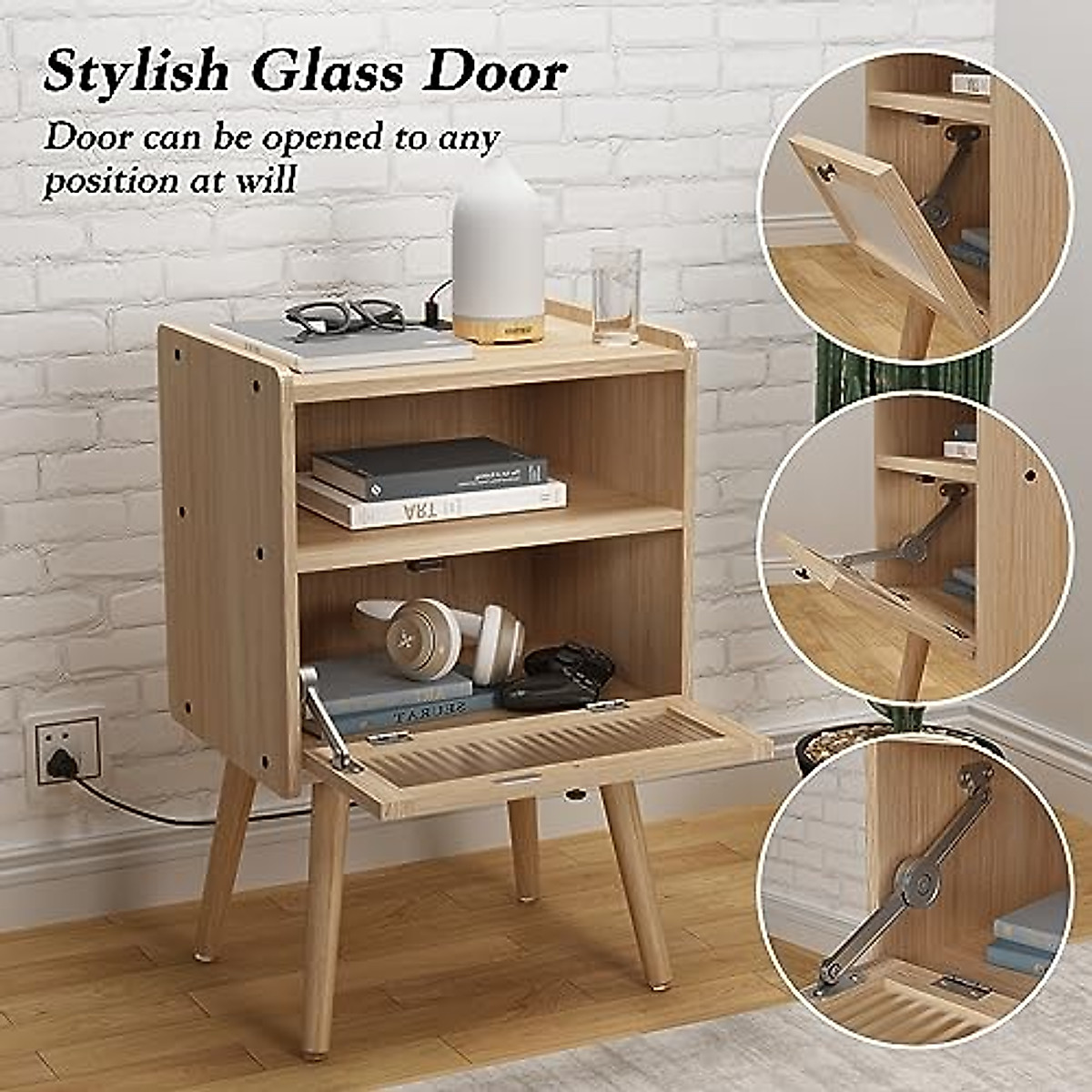 SOOWERY Mid Century Modern Nightstand with Charging Station, Bedside Tables with Glass Door, End Table Side Table with 2 Tiers Storage Space, for Bedroom, Living Room, Natural