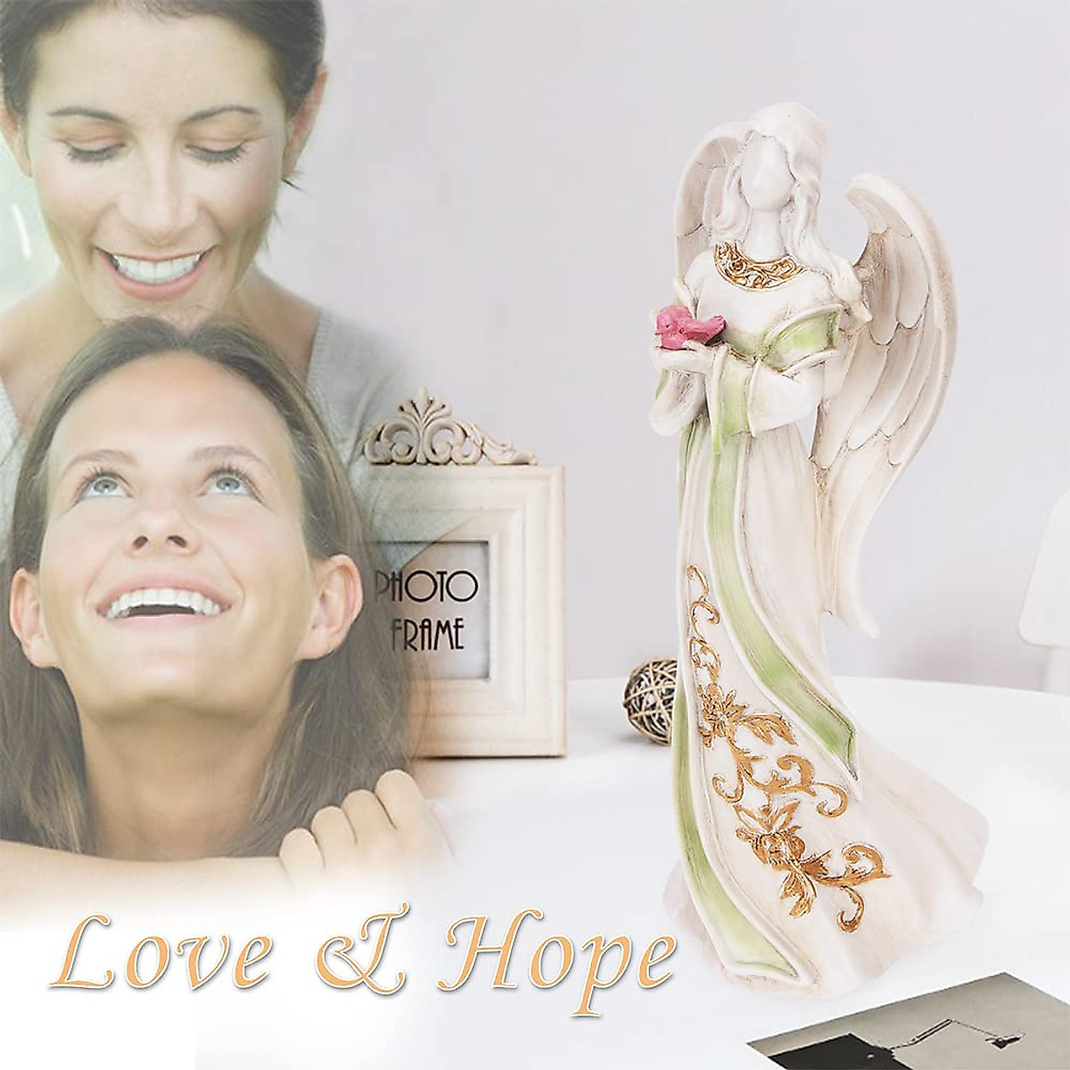 QLFJ-FurDec Angel Figurine Holding Bird, Outdoor Garden Angel Statue Sculpture, Resin Angel Ornament Decor for Home, Patio, Lawn, Yard, Porch, Cemetery Grave, Housewarming