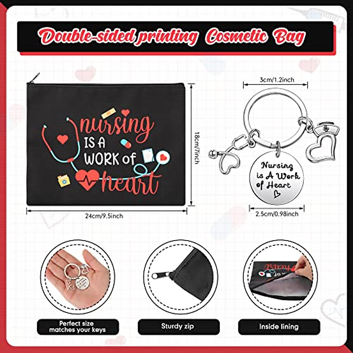 12 Pcs Nurse Appreciation Gift Set 6 Nurse Makeup Bags and 6 Nurse Appreciation Keychains Nurse Christmas Gift for Women(Novel Style)