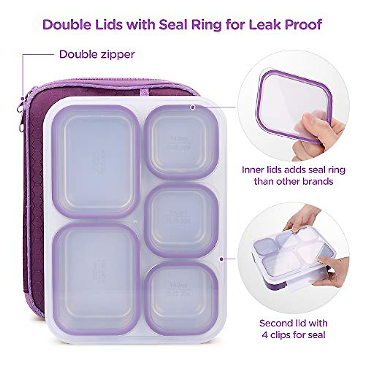 Stainless Steel Kids Bento Lunch Box Leak Proof BPA-Free DaCool School Lunch Container 5-Compartment with Lunch Bag and Fork for Toddler Child Adult, Food Snack Container for Picnic Outdoors, Purple