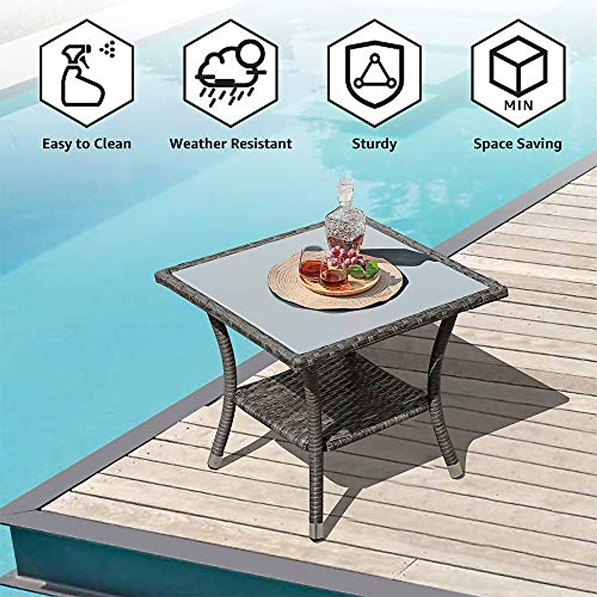 Verano Garden Outdoor Side Table, 20" Square Wicker End Table, Tempered Glass Top Coffee Table with Storage, Aluminum Frame-Gray