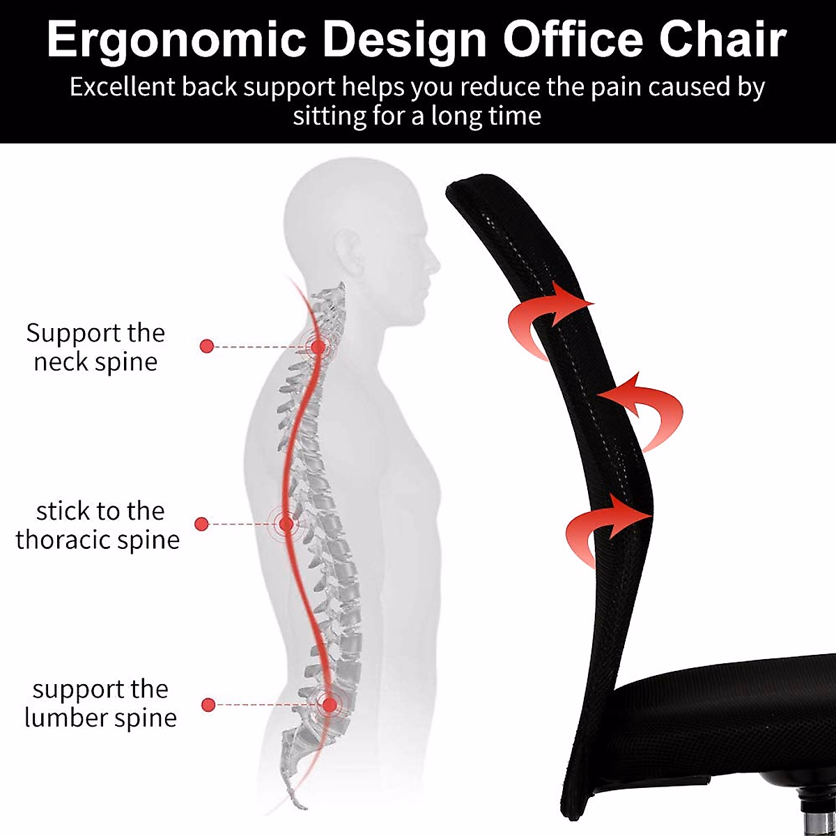 Home Office Ergonomic Mesh Chair - Armless, Adjustable Mid Back, Small Modern Swivel Rolling Desk for Women - Black With Wheels for Home, Office