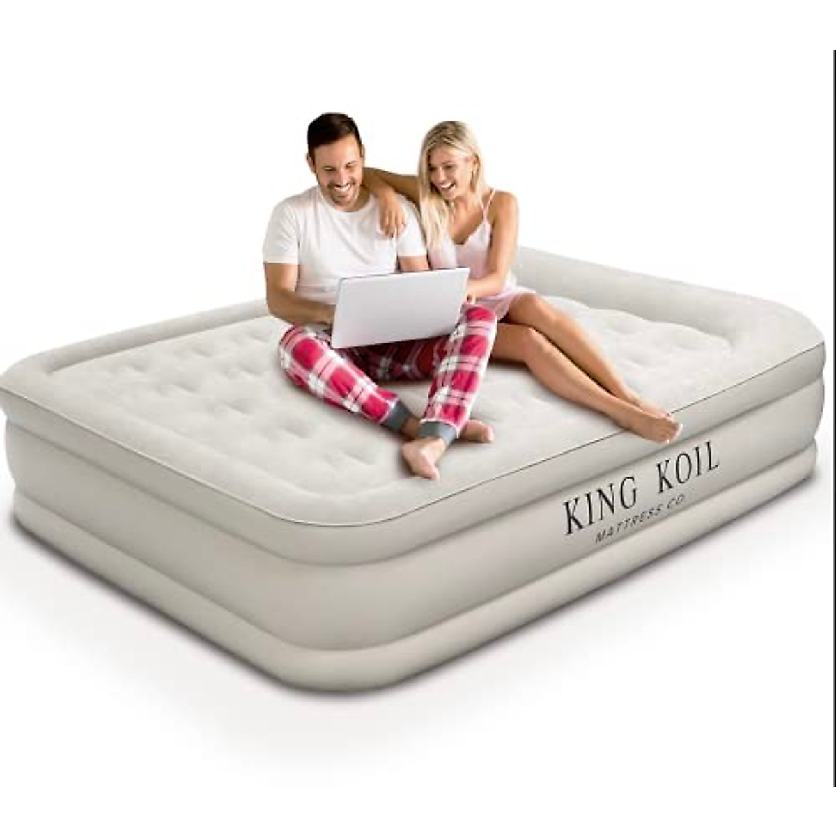 King Koil Luxury Queen Size Air Mattress with Built-in Pump, Plush Top, Home Camping Guests Inflatable Airbed, Double High Blow Up Mattress, 1-Year Manufacturer Direct Warranty