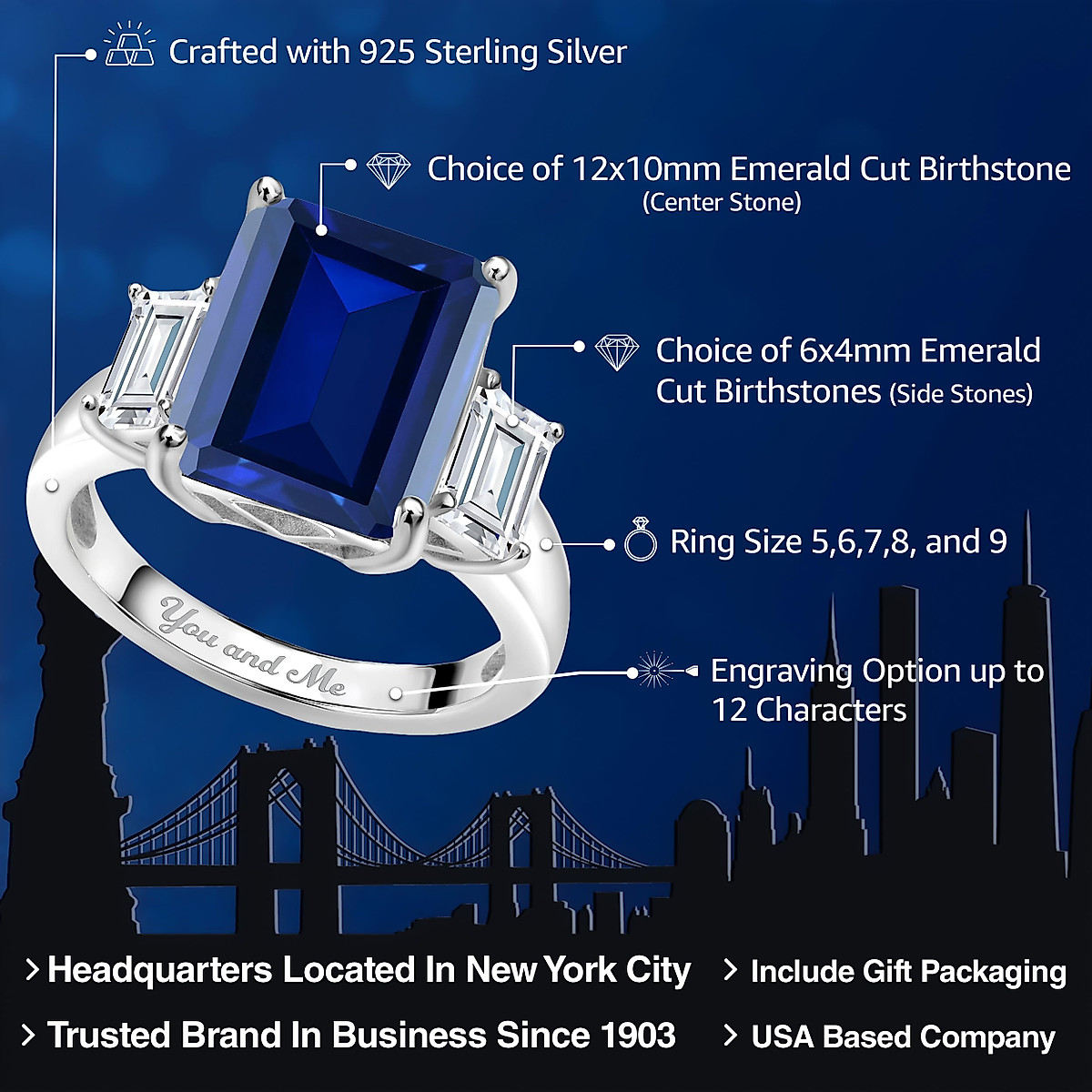 Gem Stone King 925 Sterling Silver Customized and Personalized Gemstone Birthstone 3-Stone Name Engraved Ring For Women | 7.60 Cttw | Emerald Cut 12X10MM and 6X4MM | Available In Size 5, 6, 7, 8, 9