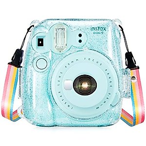 Wolven Clear Camera Case w Adjustable Rainbow Shoulder Strap Compatible with Fujifilm Instax Mini 8, Mini 8+, Mini 9 Instant Camera (Crystal)
