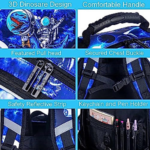 UFNDC 3PCS Dinosaur Backpack for Boys, 3D Kids Preschool Bookbag with Lunch Box, 16”Water Resistant School Bag for Elementary Toddler