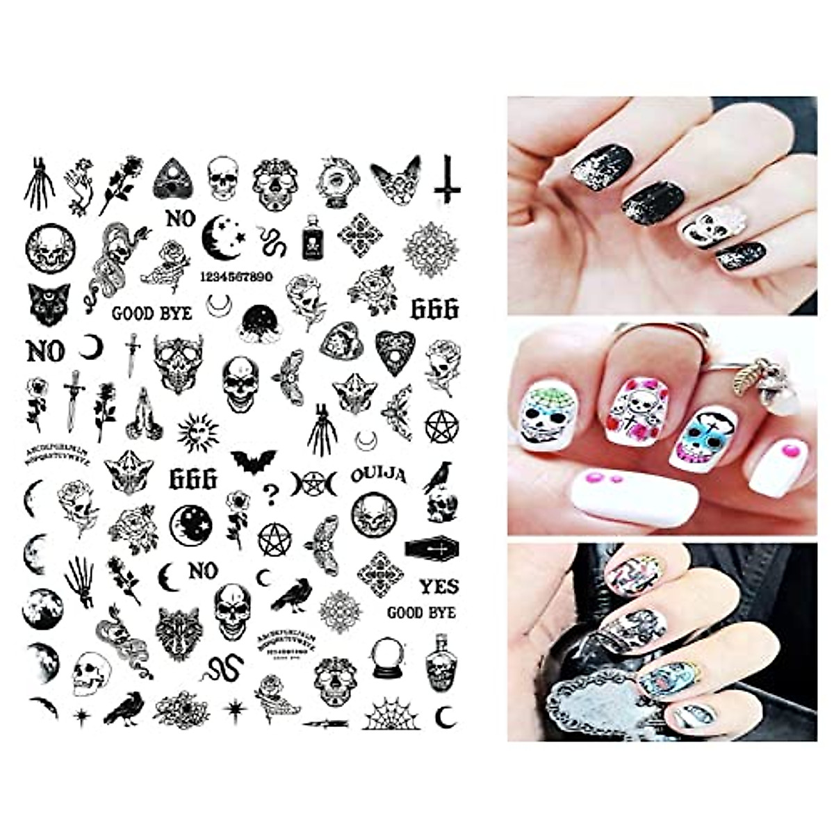 6 Sheets Snake Nail Art Stickers,Black Skull Goth Nail Decals 3D Self Adhesive Nail Art Supplies Halloween Gothic Punk Horror Nail Stickers Designer DIY Charms Decor Nail Art Accessories Decals