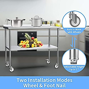 ROVSUN 60'' x 24'' Stainless Steel Table for Prep & Work,Commercial Heavy Duty Worktables & Workstations, Metal Table with Wheels for Kitchen, Restaurant,Home,Hotel