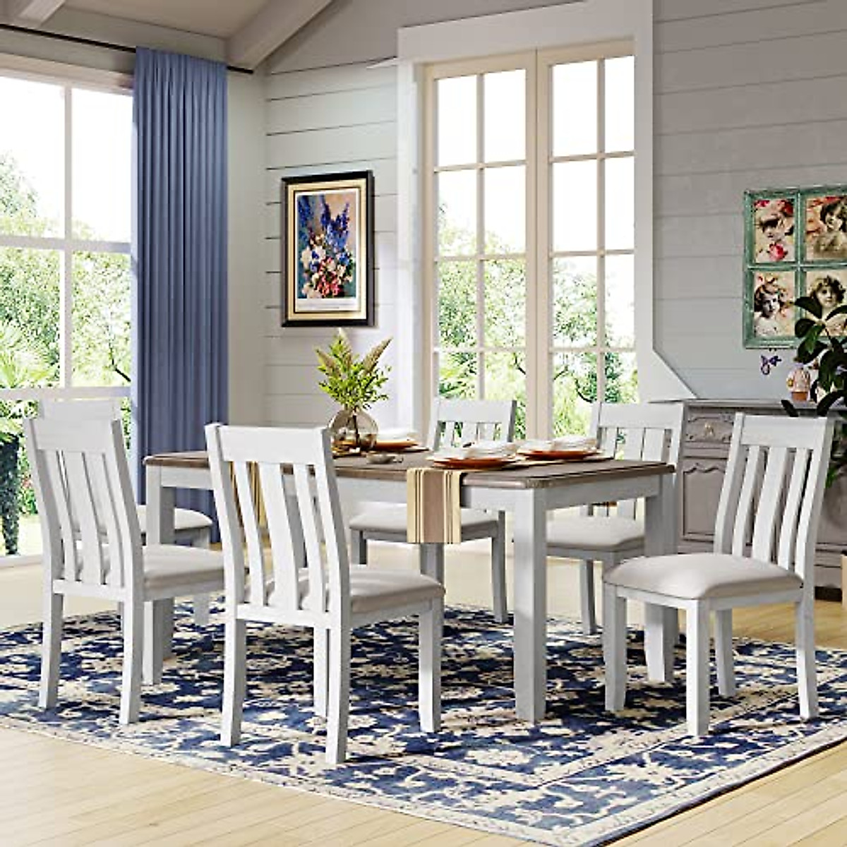 ODC Retro Style 7-Piece Kitchen Dining Sets for 6-8, Rustic Farmhouse Wood Extendable Table with 6 Upholstered Chairs, Ergonomically Design Kitchen &Restaurant Furniture for Six, White