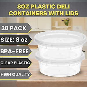 Smygoods 8oz Plastic Deli Containers with Lids - 20ct - BPA Free - Leakproof - Stackable - Microwave and Freezer Safe - Clear